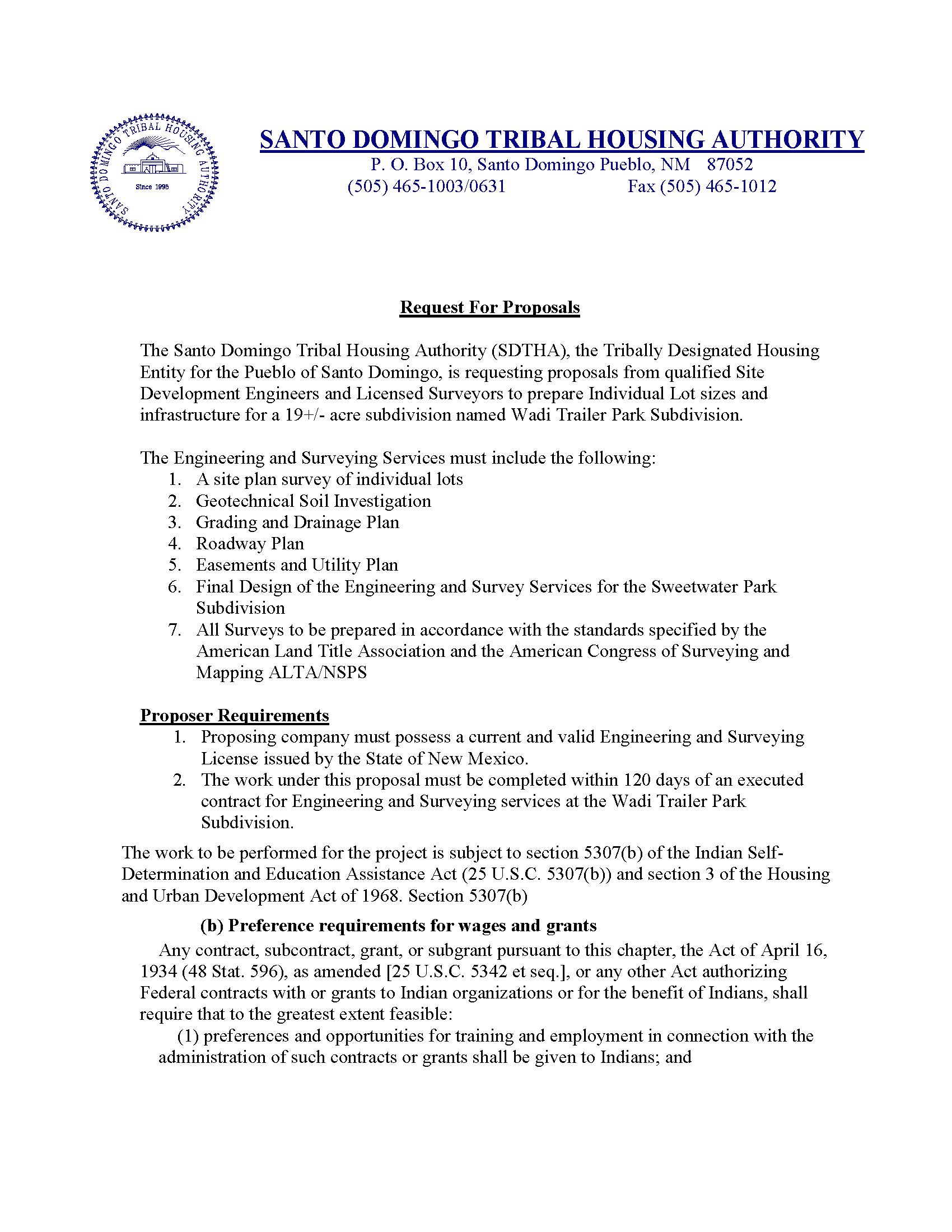 Request for Proposals – Santo Domingo Pueblo